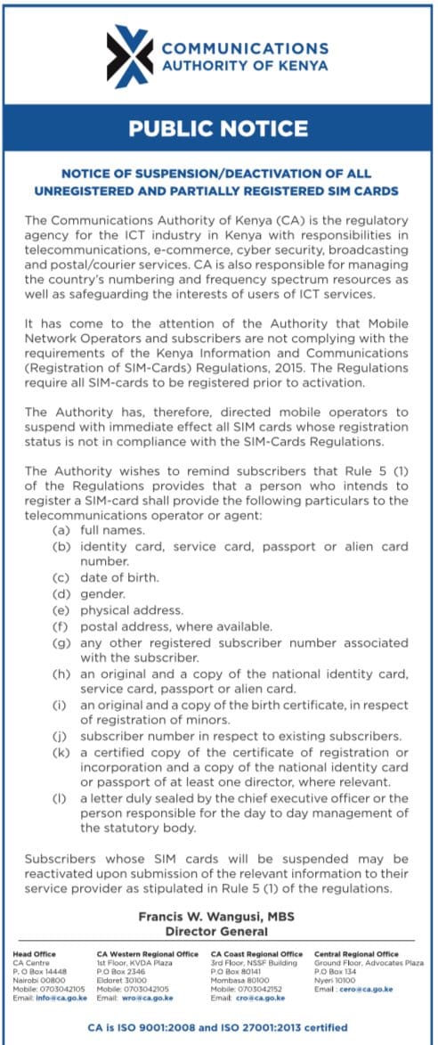 CA Calls for Immediate Deactivation of All Unregistered SIM Cards