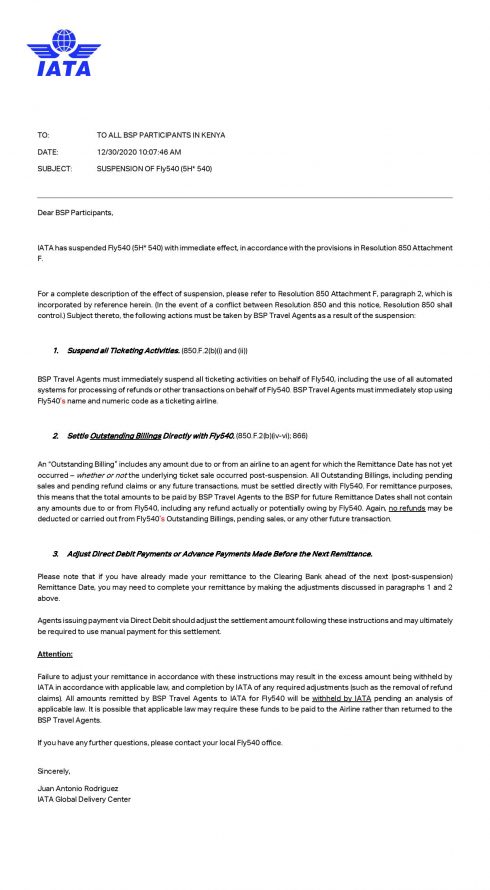 IATA Bans All Fly540 E-ticket Booking