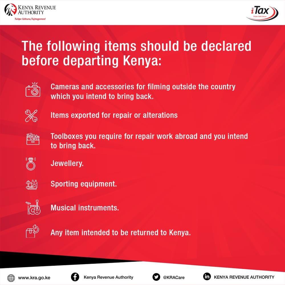 KRA Lists Items That Should Be Declared Before Departing Kenya