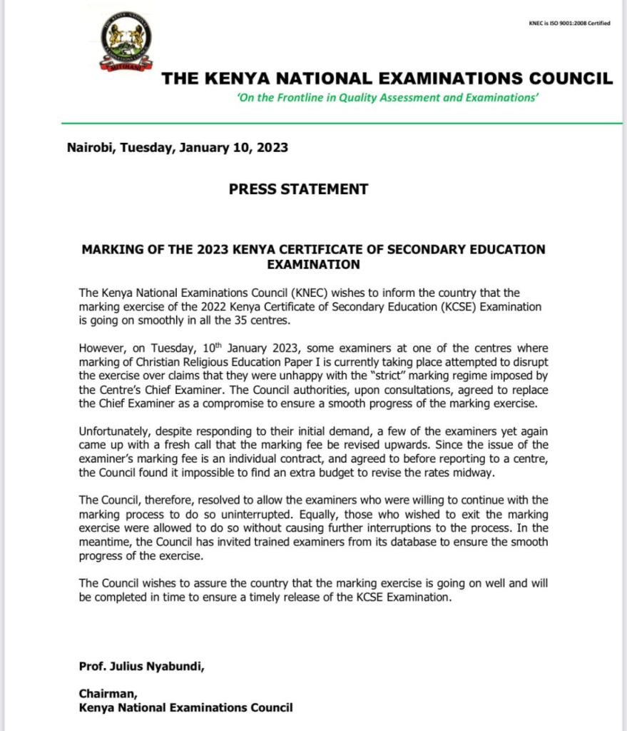 Examiners Marking KCSE CRE Paper 2 On Strike