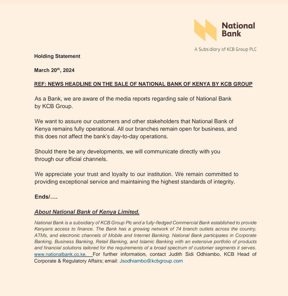 National Bank Of Kenya Has Been Sold